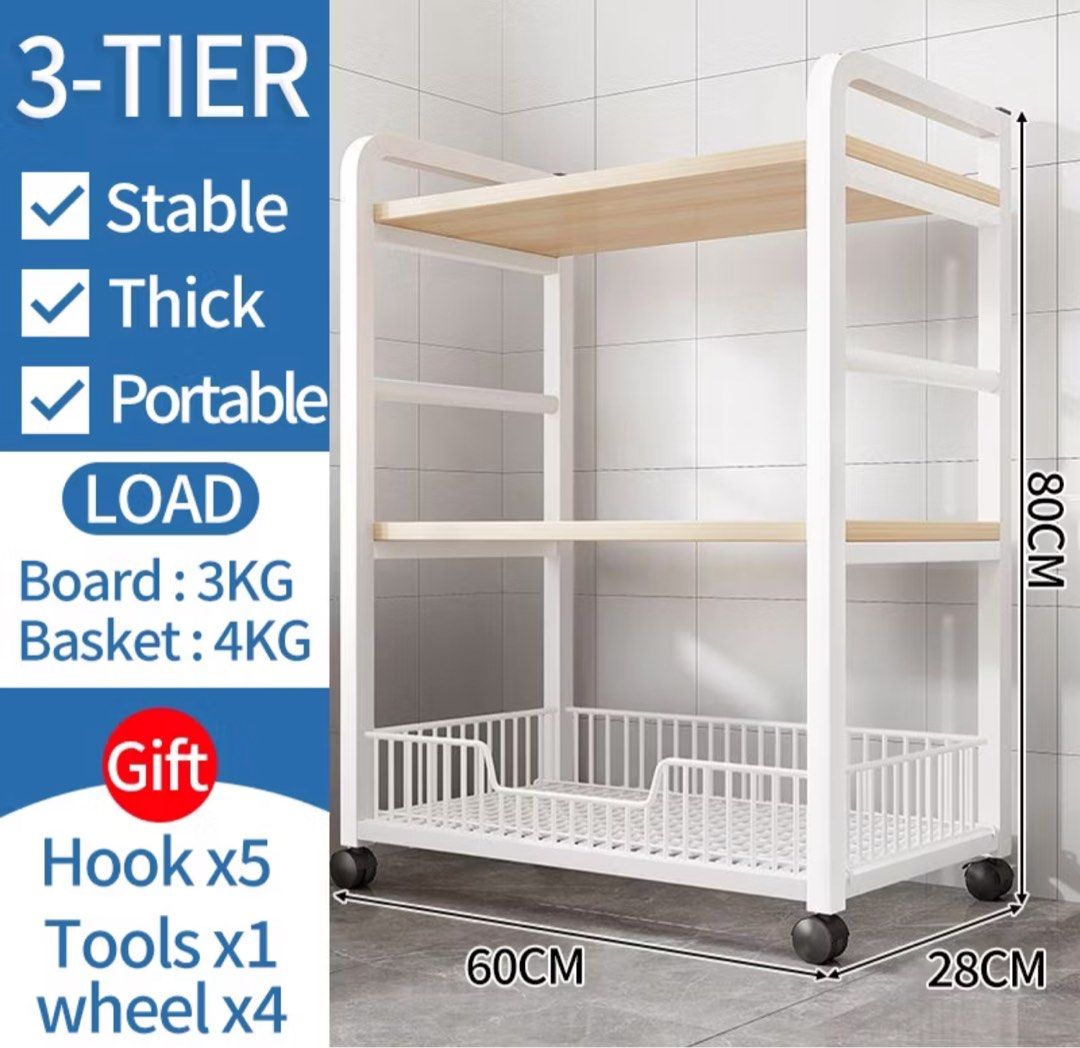 3-Tier Kitchen Storage Rack with Wheels, Furniture & Home Living ...