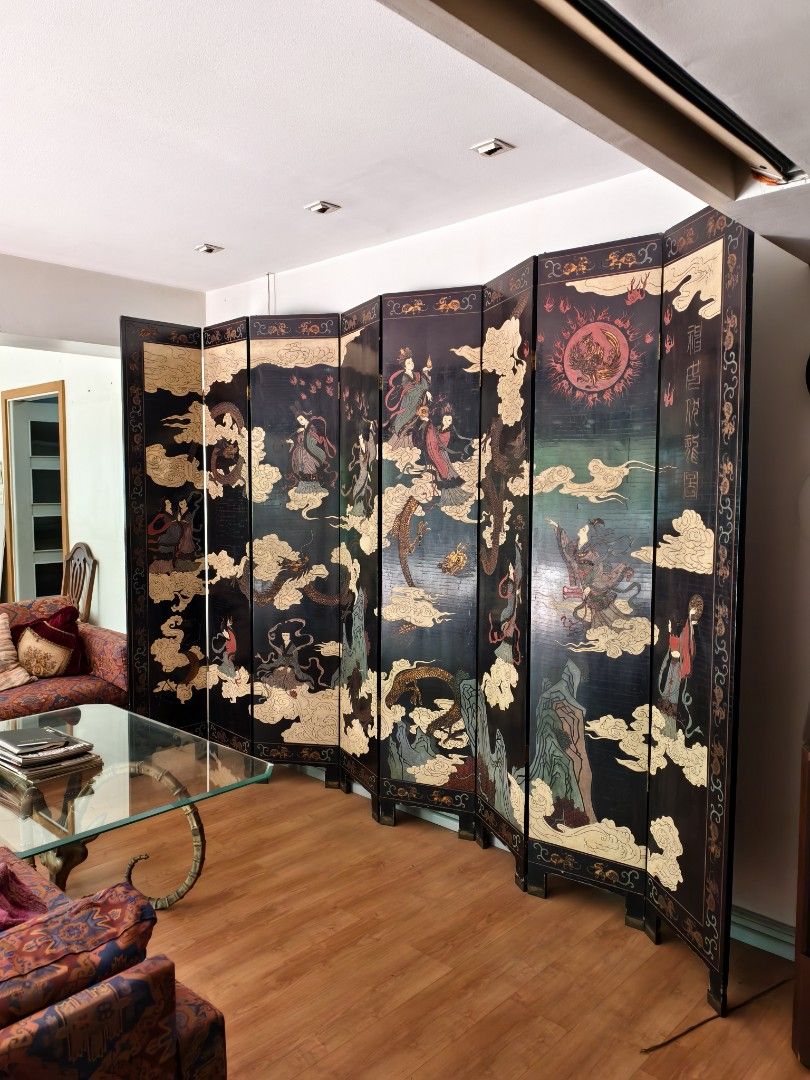 Antique 8-Panel Oriental Folding Screen Room Divider, Furniture & Home ...