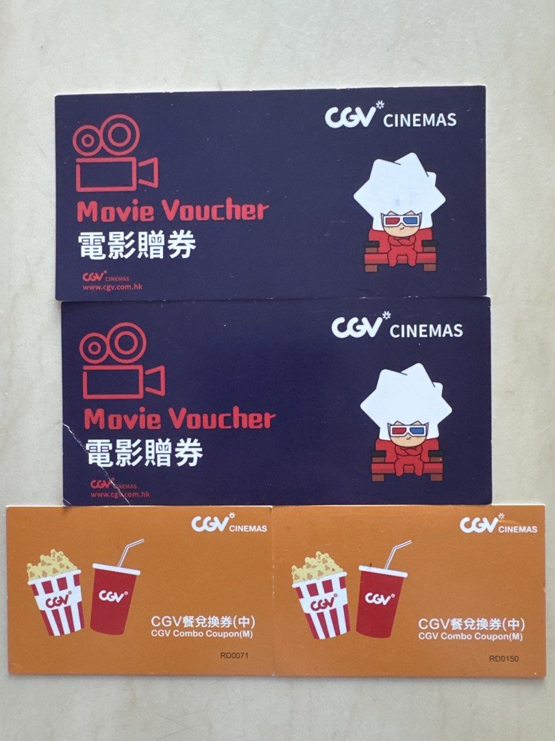 CGV CINEMAS 電影換領券 + 小食換領券 2套, 門票＆禮券, 現金券、兌換券、禮券 - Carousell