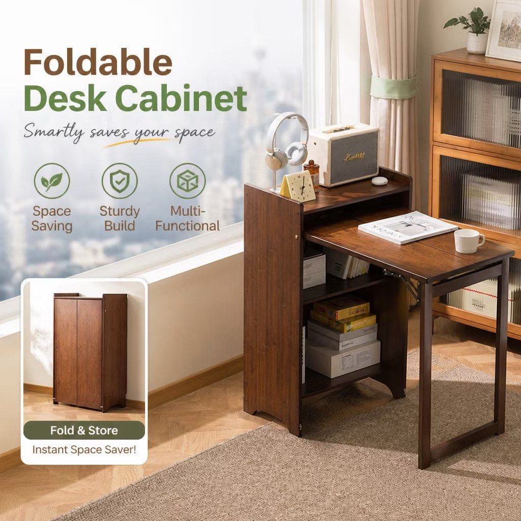 Space Saving Foldable Desk Cabinet Wooden Study Table Computer Desk ...