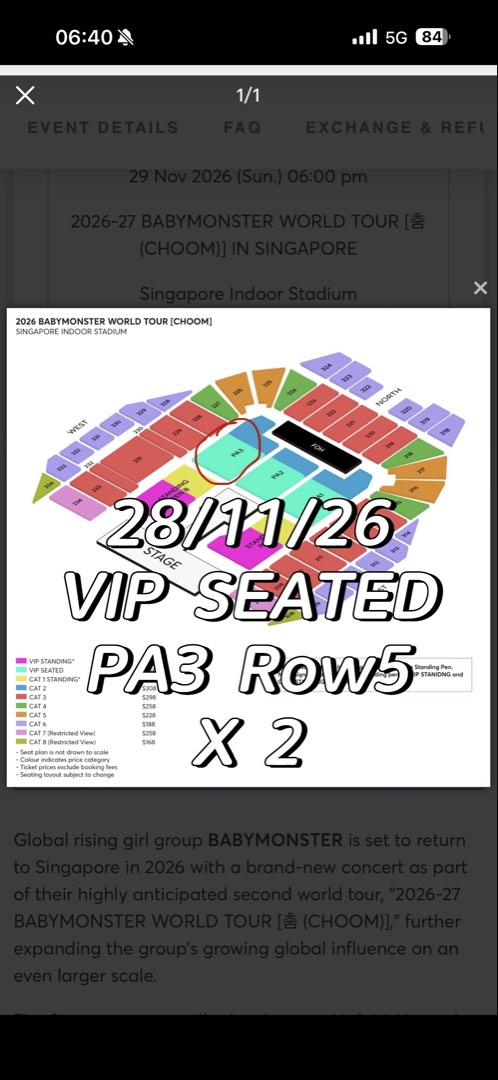 28/11/2026 PA3 VIP SEATED TICKETS BABYMONSTER WORLD TOUR [CHOOM ...
