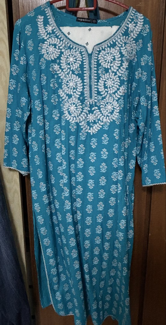 Ropadesi Teal Kurti with White Embroidery with pants 3XL, Women's ...