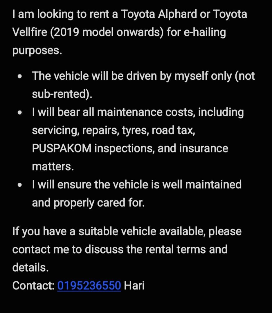 Looking to rent Toyota Alphard/Vellfire, Cars, Vehicle Rentals on Carousell
