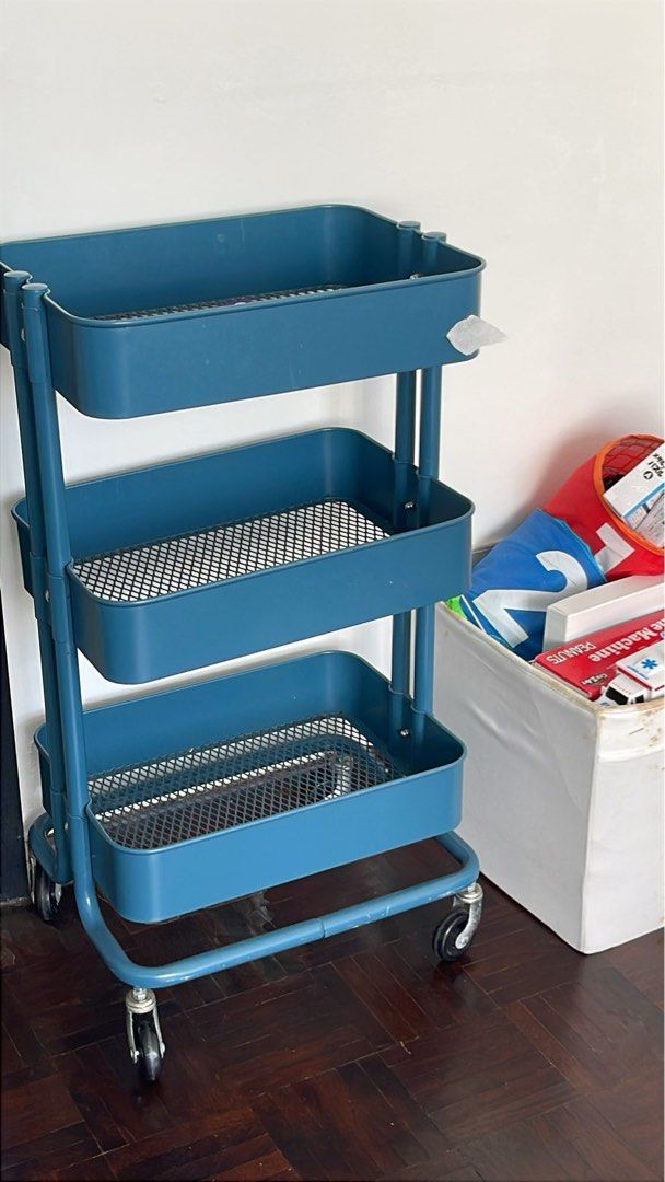 Blue 3-Tier Storage Cart with Wheels, Furniture & Home Living ...