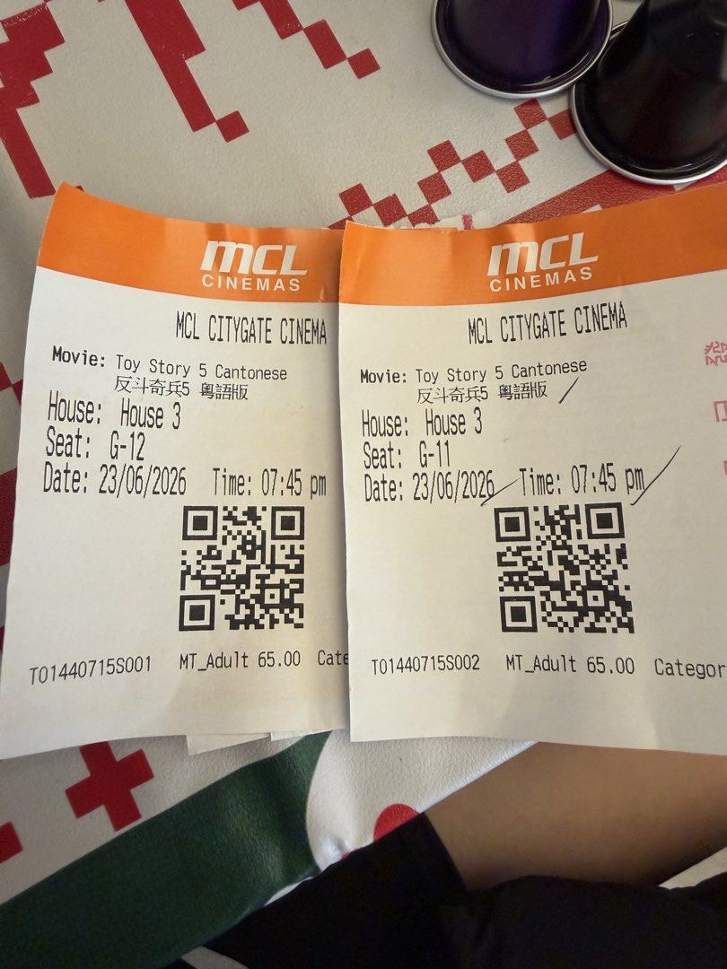 Toy Story 5 戲飛 movie tickets 23 Jun 2026 19:45 Tung chung MCL 2 tickets ...