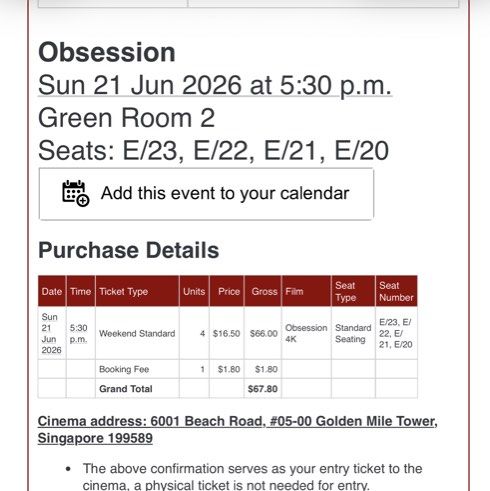 Obsession Movie Ticket - Sun 21 June 2026, 5:30 PM, Tickets & Vouchers ...
