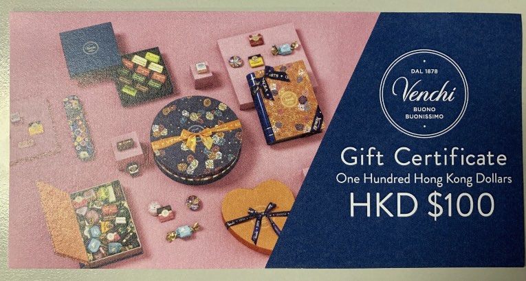 Venchi 意大利朱古力禮券 HKD $100, 門票＆禮券, 現金券、兌換券、禮券 - Carousell
