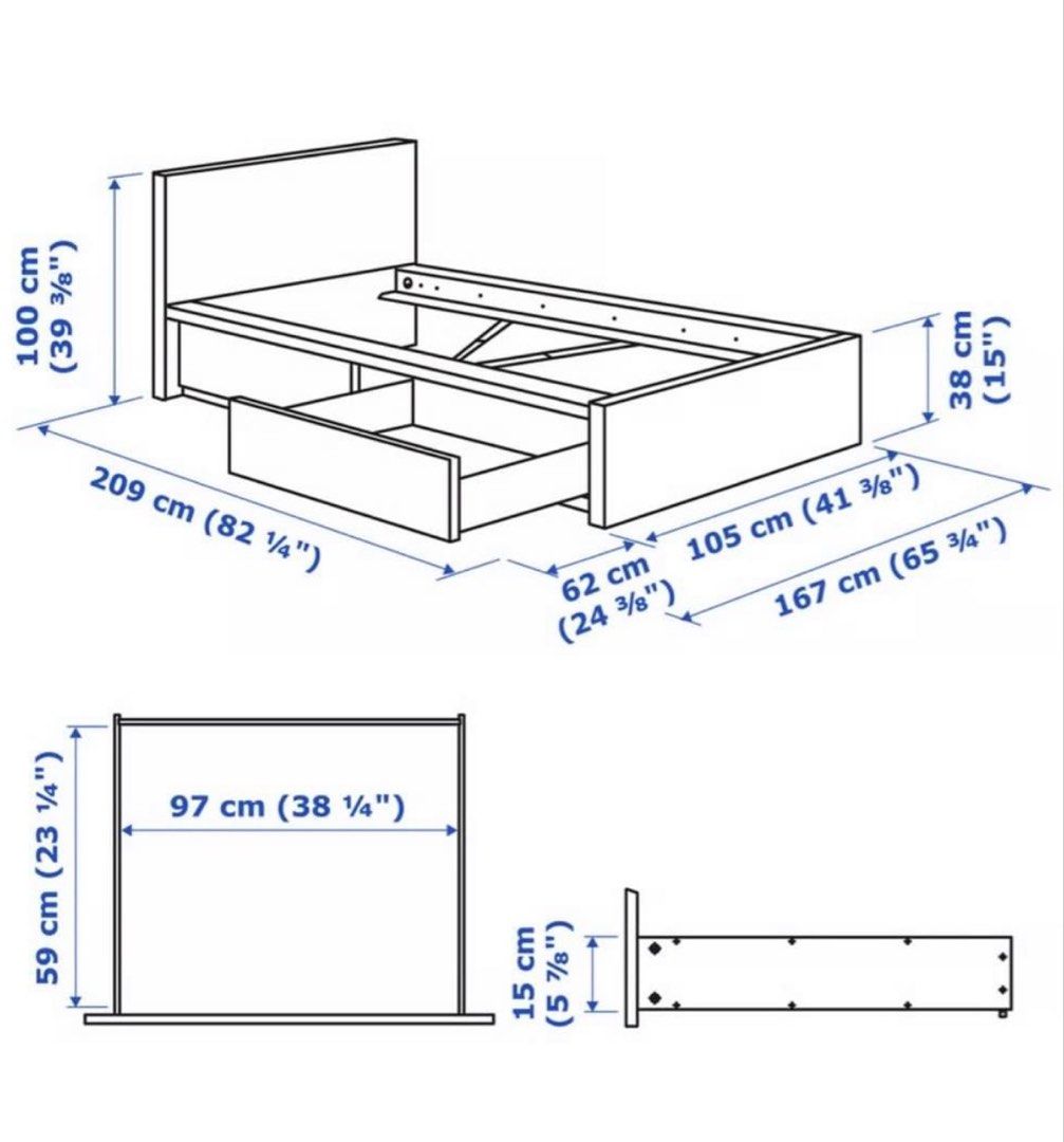 IKEA MALM Single Bed Frame with 2 Drawers White & Mattress, Furniture ...