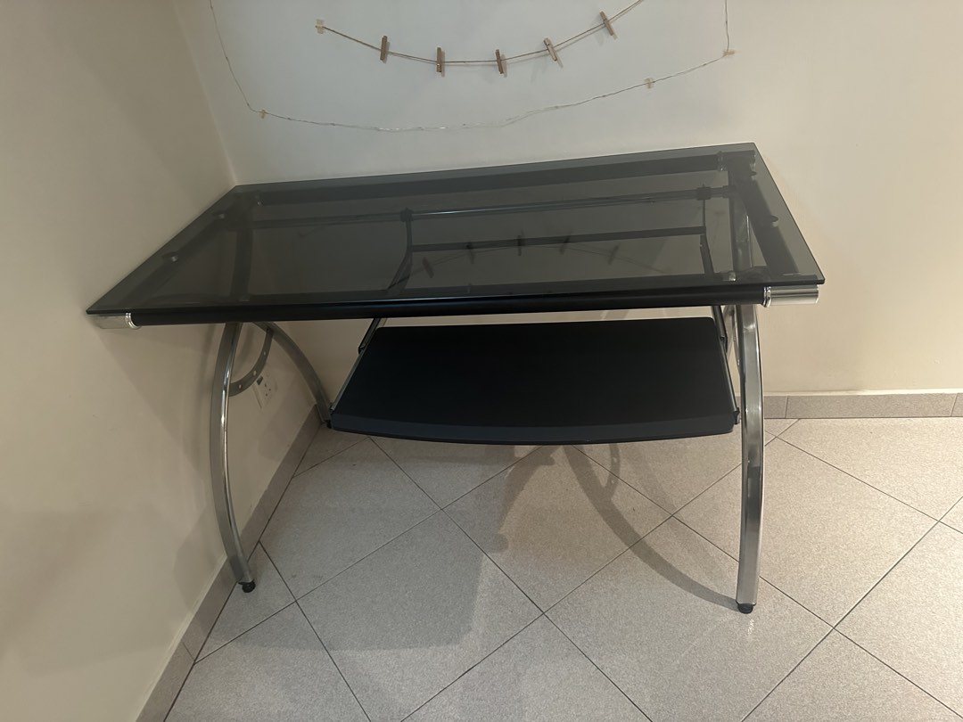 Glass Top Desk with Metal Frame and Shelf, Furniture & Home Living ...