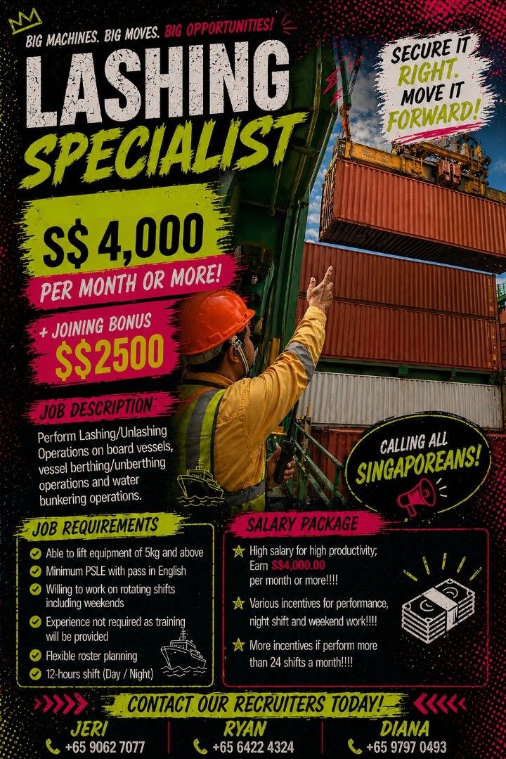 Lashing Specialist Job - S$4000/month + S$2500 Joining Bonus, Furniture ...
