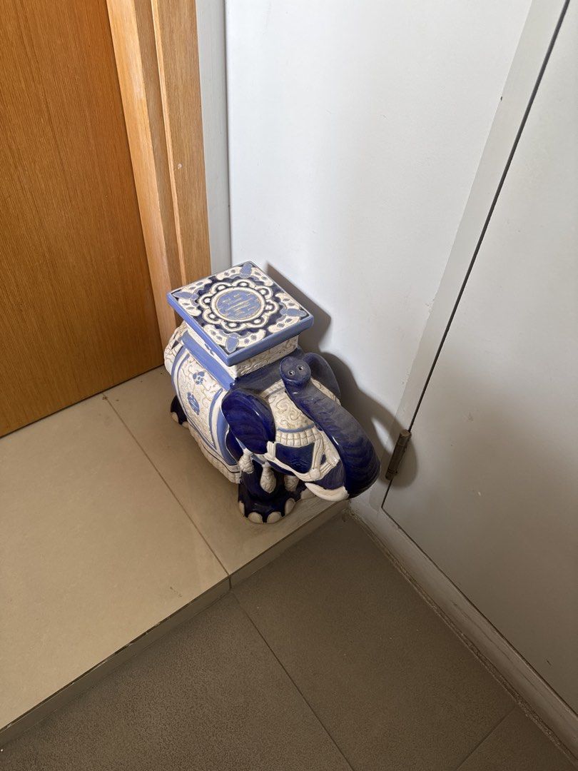 Blue and White Ceramic Elephant Stool/Table, Furniture & Home Living ...