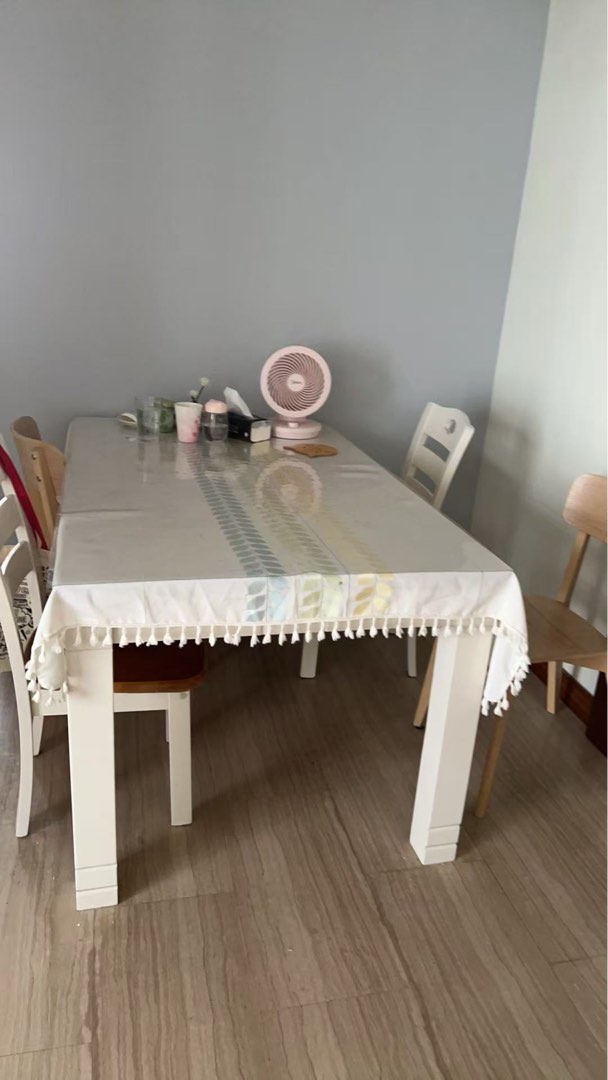 White Dining Table with Tassel Tablecloth, Furniture & Home Living ...