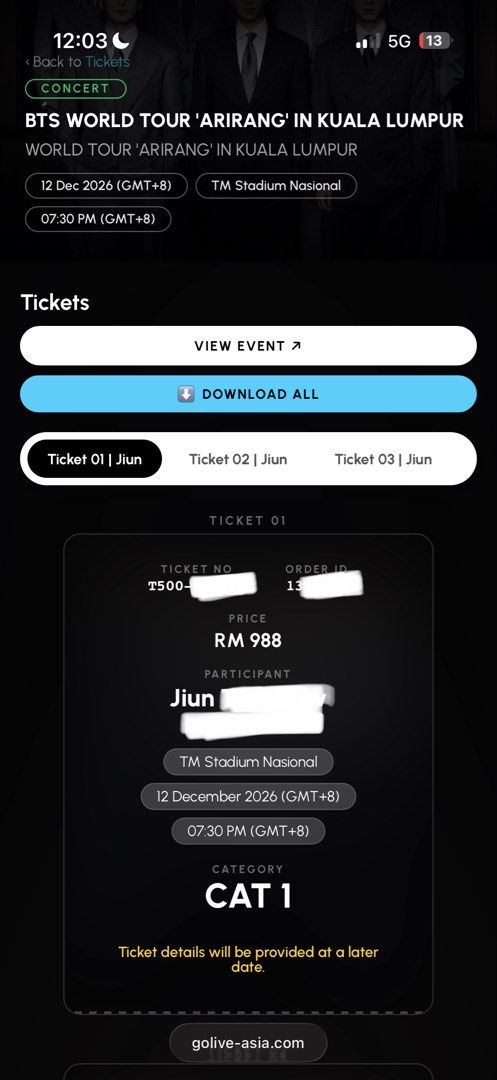 BTS World Tour Arirang Kuala Lumpur CAT 1 Ticket, Tickets & Vouchers ...
