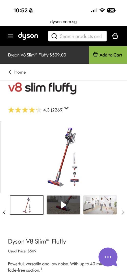 Dyson V8 Slim Fluffy Cordless Vacuum Cleaner Compact Child Friendly Pet ...