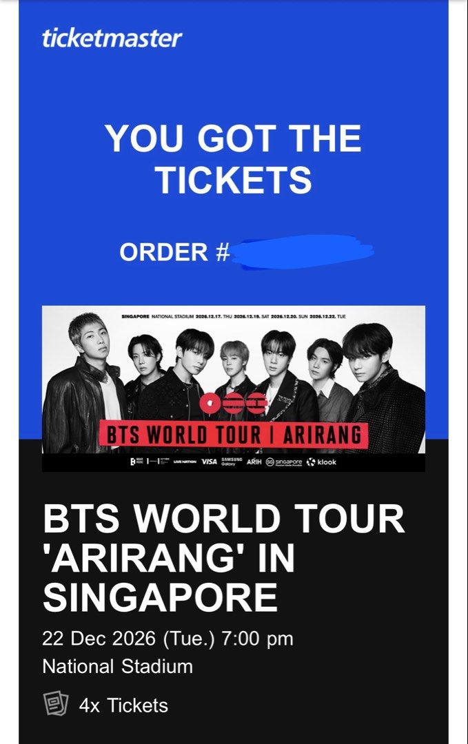 BTS World Tour 'Arirang' Singapore 3x Tickets, Tickets & Vouchers ...