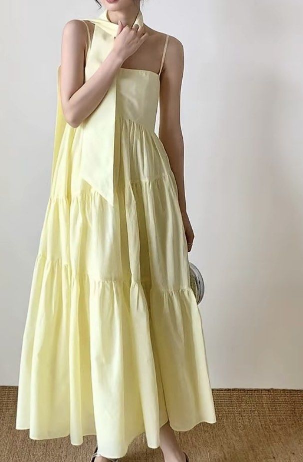 Yellow Tiered Maxi Dress with Scarf Detail, Women's Fashion, Dresses ...