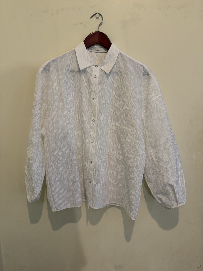 White Textured Button-Up Shirt, Women's Fashion, Tops, Longsleeves on ...